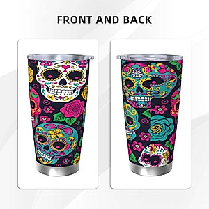 AYCZN Flower Mexico Skull 20 OZ Tumbler Stainless Steel Travel Coffee Mug, Floral Skeleton Insulated Water Bottle with Lid and Straws Leakproof Thermal Cup