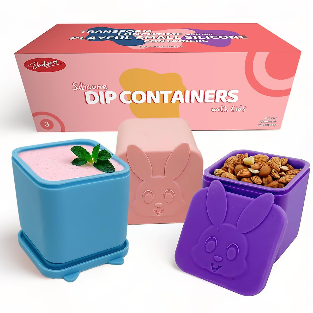 Dailyess 3 Pack Reusable Condiment Containers with Lids for Sauce Dressing (4oz), Small Condiment Cups for Snacks Salad Dressing Lunch Box, Dipping Sauce Cups, Mini Containers with Lids for Food