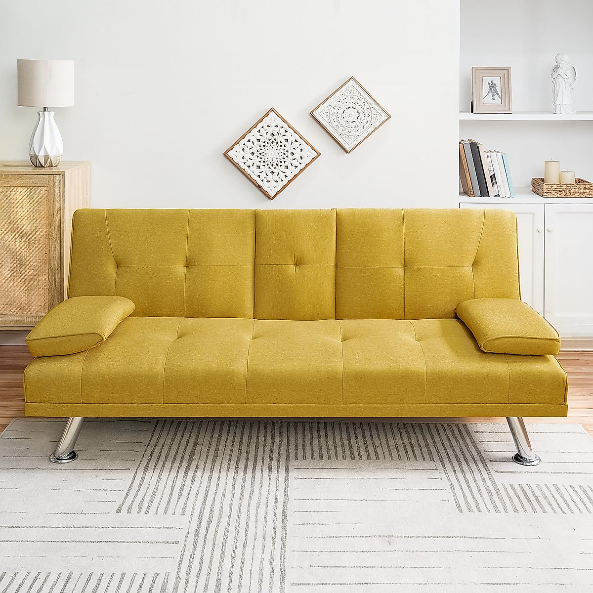 Naomi Home Transform Your Living Space with Comfort Green Futon Sofa Bed with Armrest, Cupholders, & Reclining Function, Ideal for Cozy Living Rooms! Sofa Bed Couch with Metal Legs, Yellow Linen