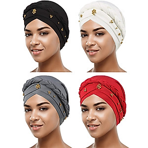 4 Pieces African Women Turban Cap Head Wraps Beaded Headscarf Beanie Wrap (Black, Grey, White, Red,Bead Style)