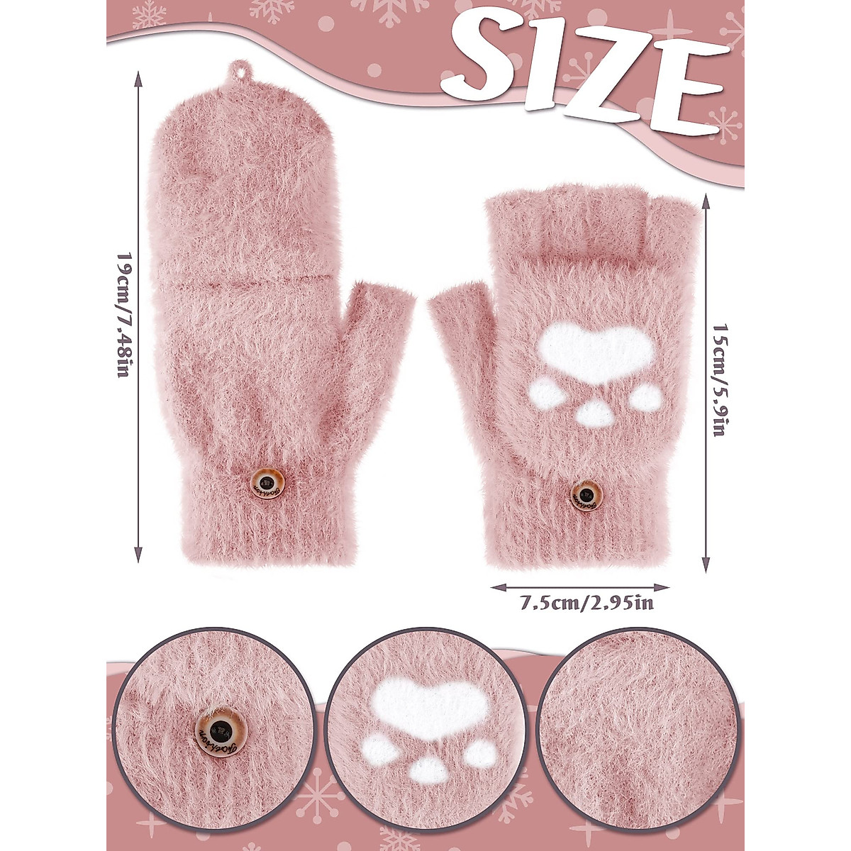 Bencailor 3 Pairs Winter Fingerless Gloves Warm Convertible Mittens Flap Cover Cat Paw Gloves for Women Cold Weather Cosplay (Light Gray, Pink, Navy Blue)