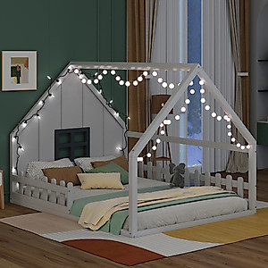 Merax Full Size House Bed for Kids,Wood Montessori Floor Bed with Fence and Window,Full Floor Bed with Rails for Girls Boys, White