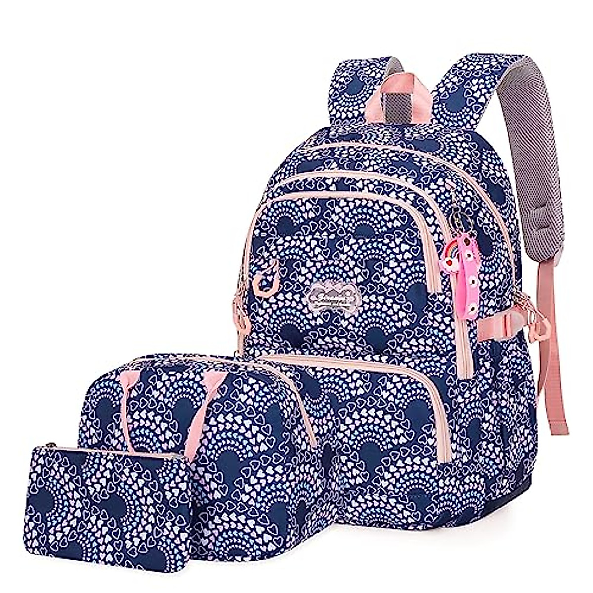 Dorlubel Girls Princess Backpack Elementary School, Heart Shape Print Backpack for girls Cute Kids Kindergarten Preschool Bookbag With Lunch Bag and Pencil Case (Dark Blue Heart Shape)