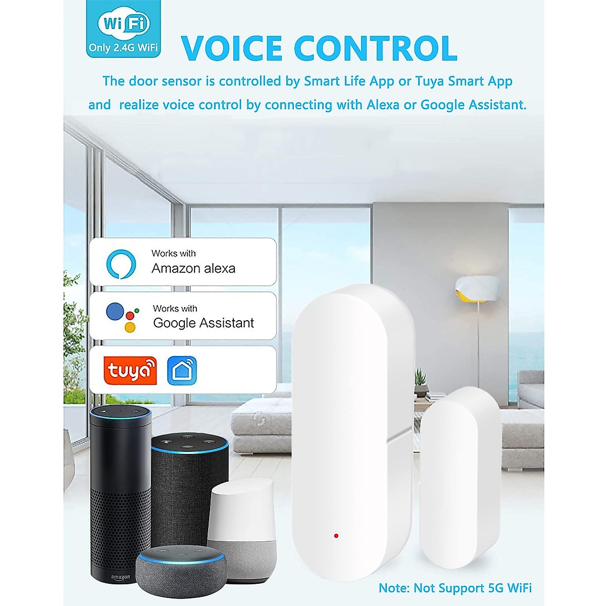 WiFi Door Sensor, Smart Window Contact Sensor Detector for Home Security, Wireless Window Door Sensor Alarm Compatible with Alexa & Google Assistant, No Hub Required (8 AAA Batteries Included) 4 Pack