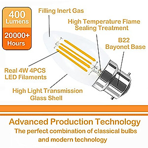 Lamsky 4W B22 Bayonet LED Filament Candle Light Bulb,2700K Warm White 400LM,C35 Shape Bullet Top,40W Incandescent Equivalent,Non-dimmable,4 Pack