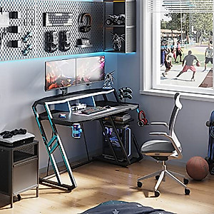 MOTPK Gaming Desk with Storage Shelf 47 inch, Computer Desk with Monitor Shelf, Gaming Table with Carbon Fiber Surface, Gamer Desk with Cup Holder & Headphone Hook, Gift for Boys Men, Black