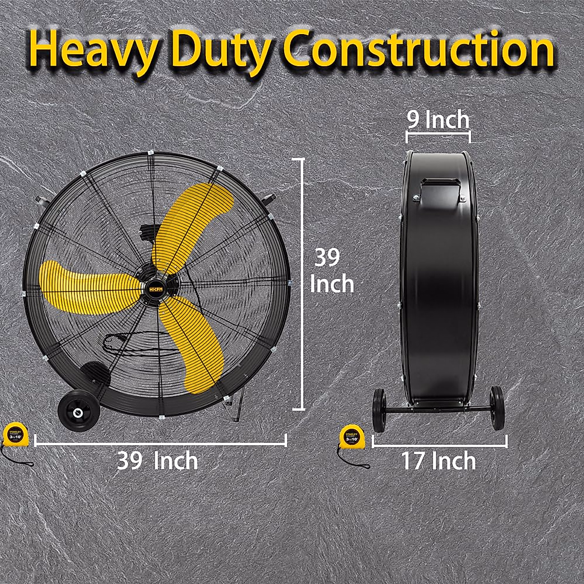 HiCFM 36" Industrial Drum Fan, 18600 CFM High Velocity 2 Speed 3/5 HP Heavy Duty Metal Air Circulator with Casters Handle 9ft Cord for Basement Warehouse Factory workshops Patios
