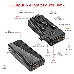 Portable Charger with Built in Cable and Wall Plug 30000mAh 22.5W Fast Charging Solar Power Bank with 5 Output & 2 Input Dual LED Flashlights Phone Holder External Battery Pack for iPhone Samsung