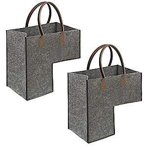 YOCOMEY 2 Pack Foldable L-Shape Stair Basket Organizer, Collapsible Fabric Staircase Storage Organizer with Faux Leather Handles, Large Stair Step Basket Bin for Laundry Toys Household Items (Brown)