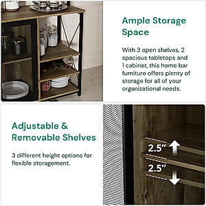SunsGrove Wine Bar Cabinet with Removable Wine Rack, Coffee Bar Cabinet with Glass Holder, 3 Adjustable Open Shelves, Small Sideboard and Buffet Cabinet with Mesh Door, Wood Color
