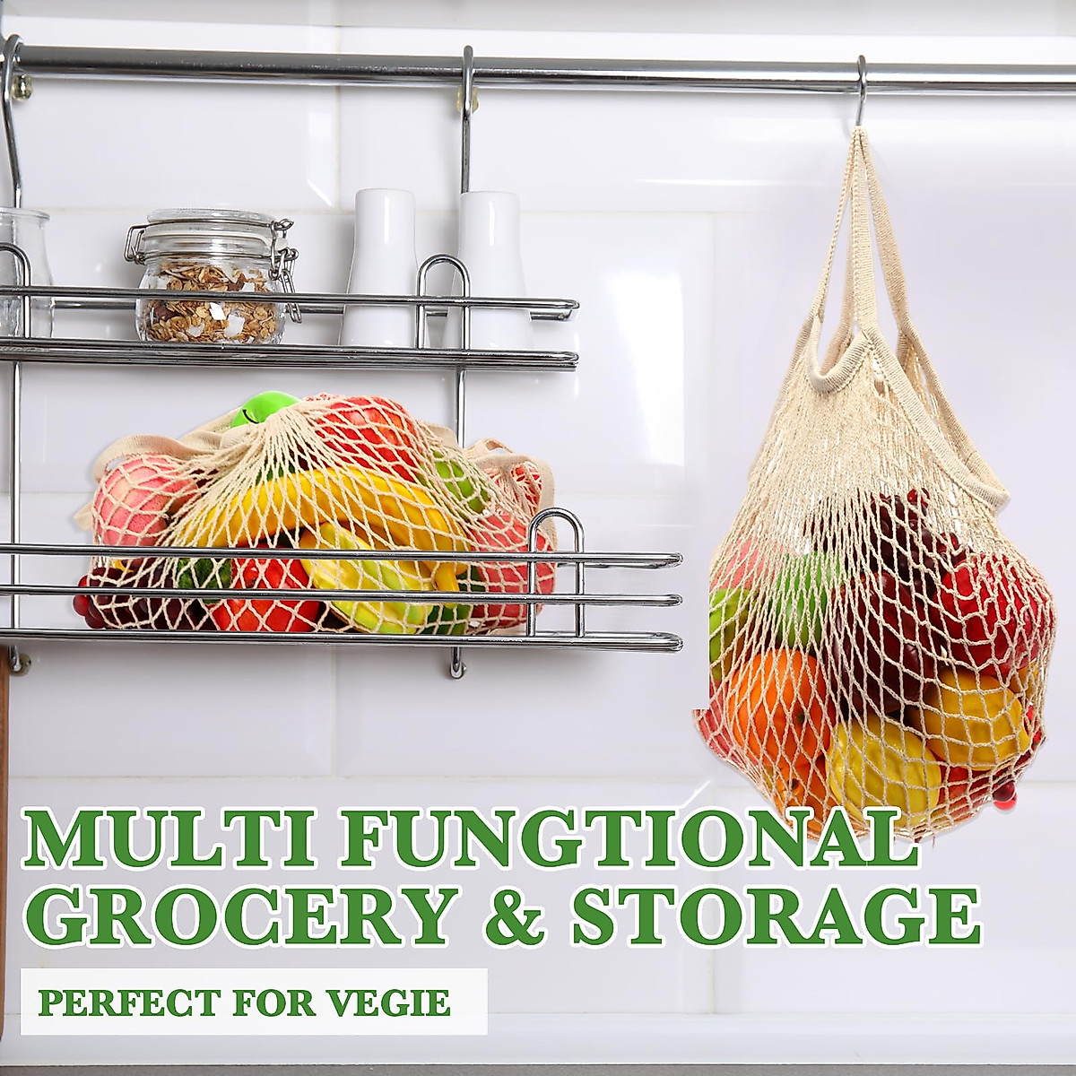 Woanger 24 Pcs Reusable Cotton Mesh Produce Shopping Bags Washable Grocery Bag Net Portable Fruit and Vegetable Bag Cotton String Bags Long Handle Net Tote Organizer (Short Handle)