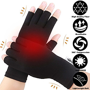 2 Pairs Arthritis Compression Gloves for Arthritis, Rheumatoid, Carpal Tunnel Pain, Driving, Typing Fingerless Gloves For Women Men, Support Hand, Wrist and Joint (Pure Black, Medium)