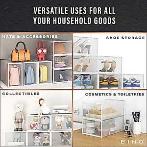 BINO 12-Pack Plastic Stackable Shoe Box Set - Clear | Foldable Shoe Storage Container | Sneaker Bins | Shoe Rack Box | Transparent | Portable Stacking Shoe Boxes Front Open