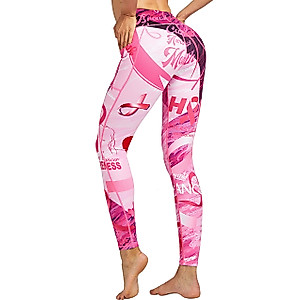 COOLOMG Breast Cancer Awareness Women Leggings Yoga Pants Workout Running Tights with Side Pockets Rosa Ribbon Printed XL