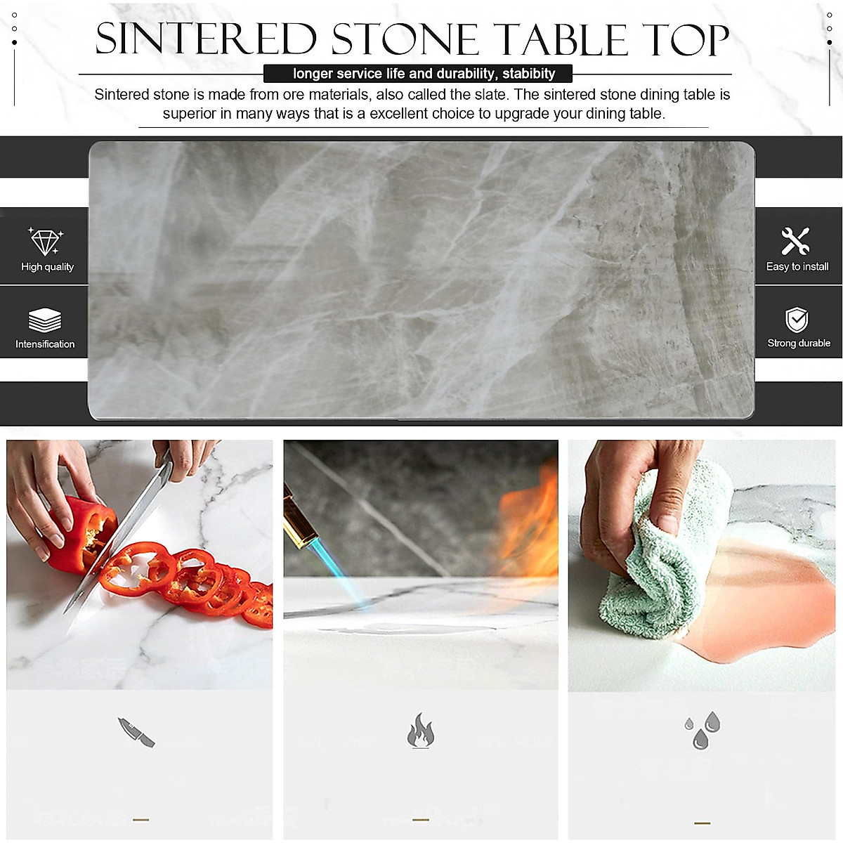 AmoUnico 63 inch Marble Sintered Stone Dining Table, Rectangular Modern Dinner Table for 6-Seat with Metal Legs, Restaurant Table for Living Room (Gloss Grey, Slanted Legs)