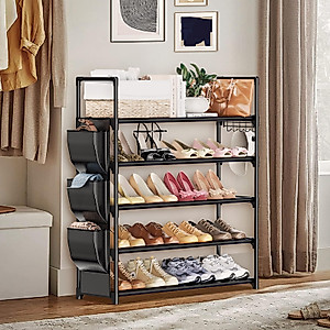 VILICK 5 Tier Shoe Rack with Hook and Side Pocket,Shoe Organizer Space Saver Storage for 20-25 Pair Shoe Storage Shelf Sturdy Free Standing Long Shoe Rack Organizer for Closet,Entryway,Small Spaces