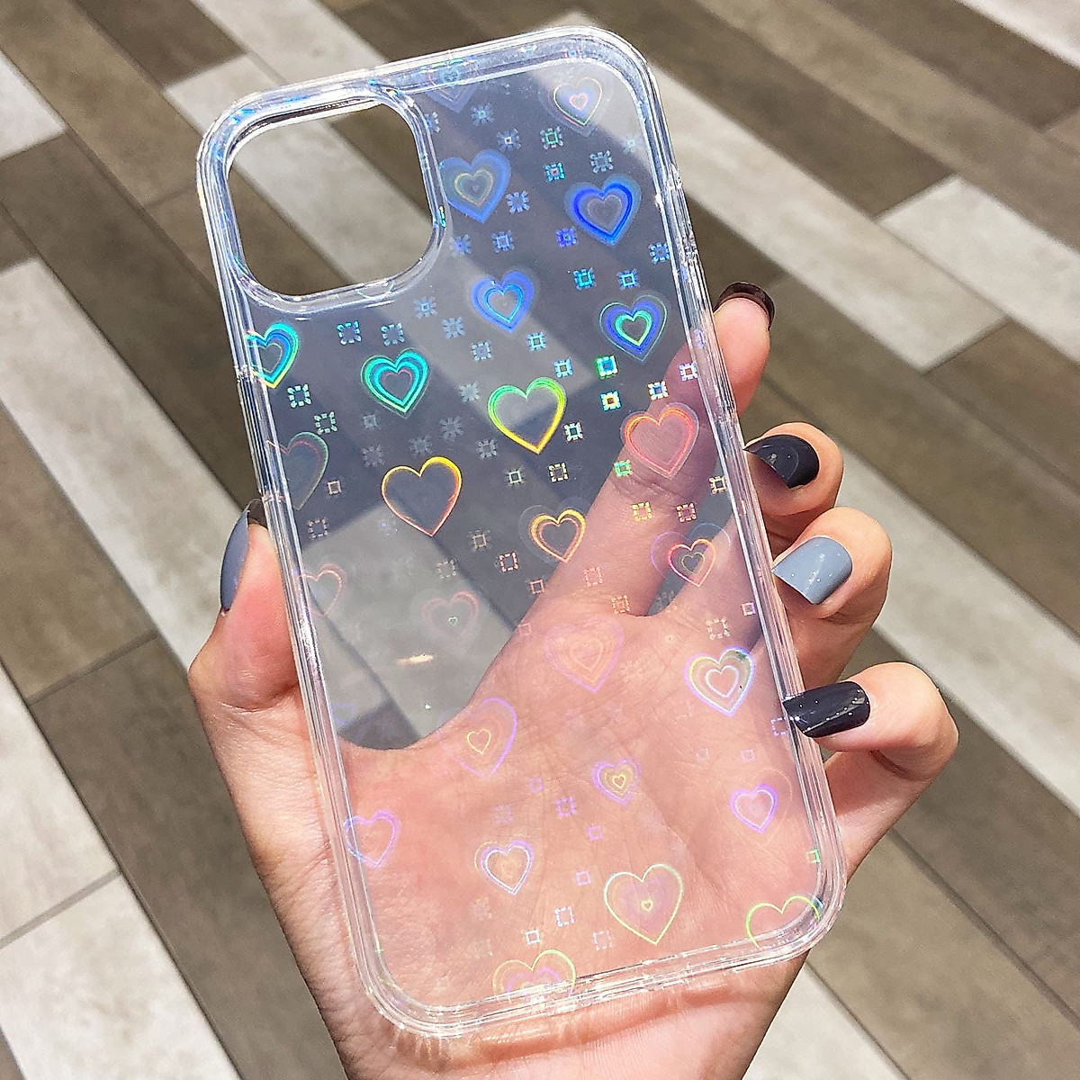 SmoBea Compatible with iPhone 13 Mini Case, for Laser Glitter Bling Heart Soft & Flexible TPU and Hard PC Back Shockproof Cover Women Girls Heart Pattern Phone Case (Rainbow Heart/Clear)