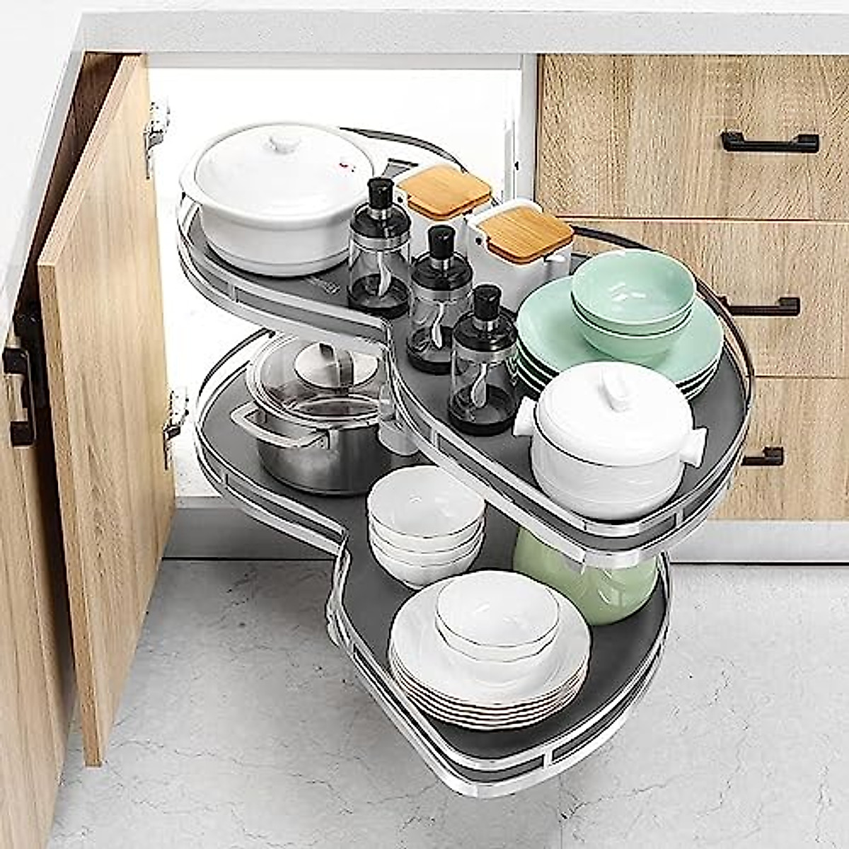 YEKIM Right Turn Blind Corner Pull Out Cabinet, 2 Tier Soft Close Swing Tray, Corner Swivel Cabinet Organizer, for 860Mm Cabinets,Left