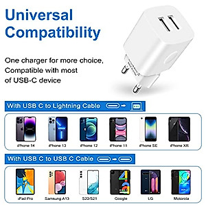 European Travel Plug Adapter Charger for iPhone Samsung Android Phone,International Power Adaptor with 2 Charger Port USB, EU Wall Charging Block Brick Plug in Europe Germany Outlets Power Strip