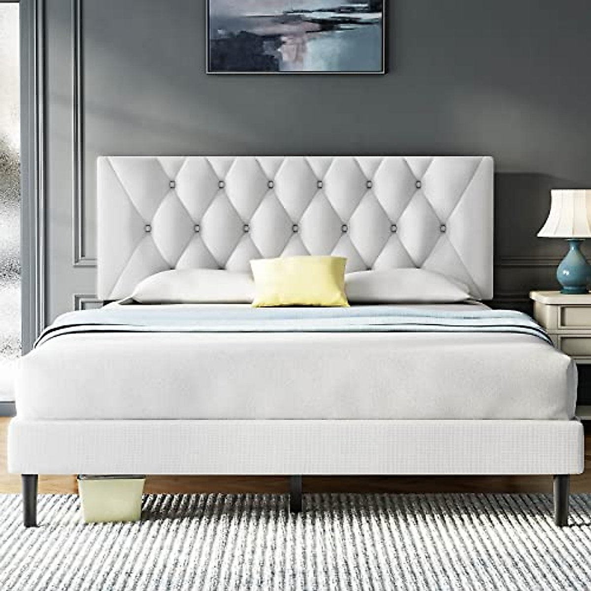 Molblly Full Size Platform Bed Frame with Adjustable Headboard, Linen Fabric Wrap, Strong Frame and Wooden Slats Support, No Box Spring Needed, Non-Slip and Noise-Free, Easy Assembly, White
