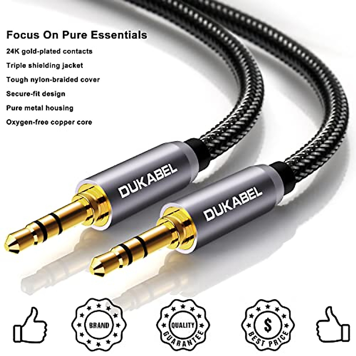 DUKABEL Top Series 3.5mm AUX Cable Lossless Audio Gold-Plated Auxiliary Audio Cable Nylon Braided Male to Male Stereo Audio AUX Cord Car Headphones Phones Speakers Home Stereos (4 Feet (1.2 Meters))