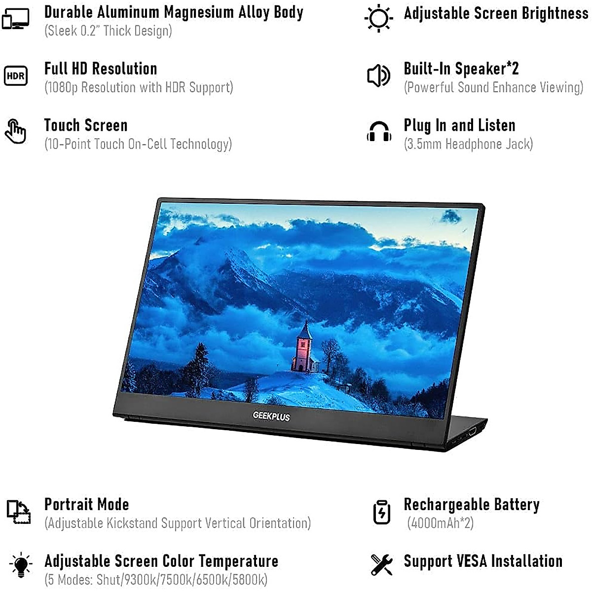 Geekplus Touch Monitor Portable Touchscreen Slim Mini Monitor with Battery Kickstand Speakers Laptop Monitor, External Monitor 15.6 Inch Computer Display 1080P Screen HDMI USB C Gaming Travel Monitor