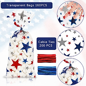 Whaline 160Pcs Patriotic Cellophane Treat Bags Star Wave Stripe Clear Plastic Candy Treat Cello Bags Boys Birthday Party Goodie Gift Bags with Twist Ties for Veterans Memorial Day Party