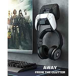 MoKo Controller Holder, Dual Gamepad Controller & Headphone Hanger for Xbox One, Xbox 360, PS3, PS4, PS5, PC, STEAM, Switch丨Wall Mount Stand for All Universal Headsets, Black