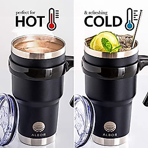 ALBOR Insulated Tumbler with Lid and Straw - 30 oz Insulated Coffee Mug with Handle, Travel Coffee Mug, Triple Insulated Technology with 2 Lids, 2 Metal Straw, Brush and Storage Bag, Black