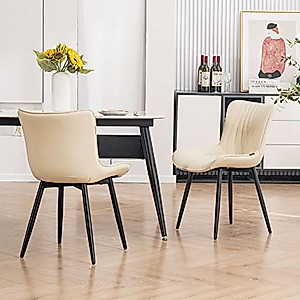 YOUTASTE Dining Chairs Set of 2 Upholstered Mid Century Modern Kitchen Dining Room Chairs Armless Faux Leather Accent Chairs Metal Vanity Lounge Chair with Back for Living Room Bedrooms,Beige