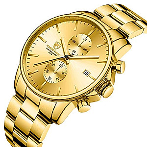 GOLDEN HOUR Men's Watches with Gold Stainless Steel Metal Strap Fashion Casual Waterproof Chronograph Quartz Watch, Auto Date in Black Hands