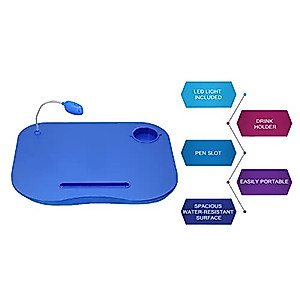 Laptop Lap Desk - Portable Table with Foam-Filled Fleece Cushion, LED Light, and Cup Holder - Bed Desk for Homework or Reading by Lavish Home (Blue)