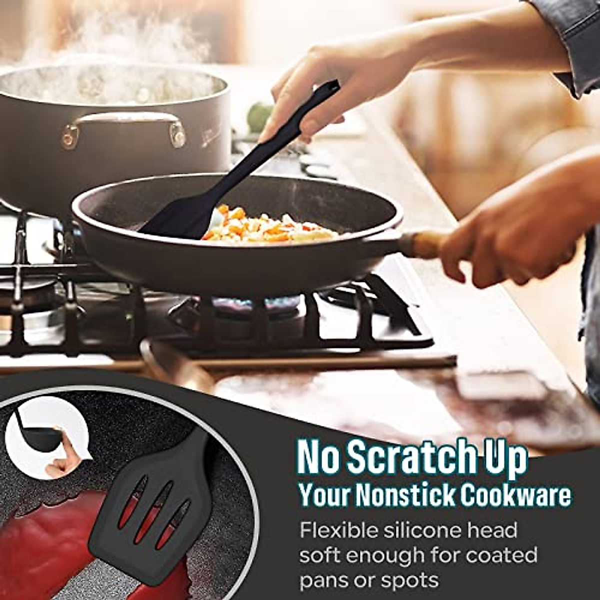 Silicone Cooking Utensils Set, E-far 7-Piece Black Heat Resistant Kitchen Utensils Set, Kitchen Nonstick Tools Spatula Ladle Spoon Pasta Server for Non-stick Cookware, Non-Toxic & Dishwasher safe