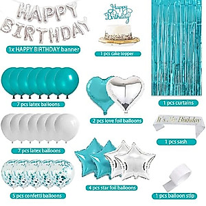 Happy Birthday Decorations Teal Blue Birthday Decorations for Women Girls-Teal Blue and Silver Birthday Balloons Kit,Turquoise Birthday Party Decorations