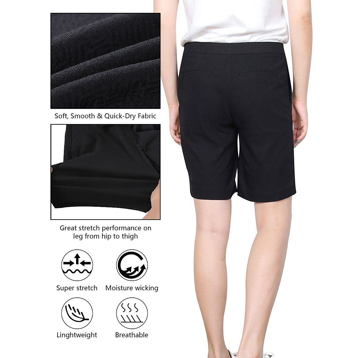 Senxcover Dress Shorts for Women, Women’s Golf Shorts Black Chino Bermuda Shorts Casual Summer Knee Length Stretch Walking Shorts with Pockets Size 6