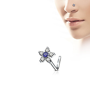FIFTH CUE 20G 6 CZ Flower Top 316L Surgical Steel L Bend Stud Nose Ring (Clear/Blue)