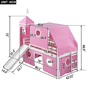 Pink Twin Size Loft Bed with Slide, Windows and Tent, Safe Playhouse Design with Guardrails and Ladder, No Box Spring Required, Perfect for Kids Bedrooms, Pink