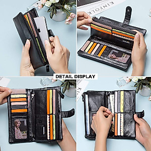 Contacts Real Leather Women Secretary Zipper Phone Holder Clutch Purse Wallet (Black)