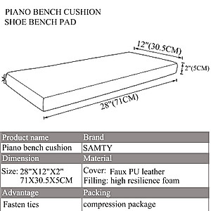 Waterproof Faux PU Leather Piano Bench Cushions with Ties for Kids Wooden Shoe Stool Pad 28"X 12" inch, Black