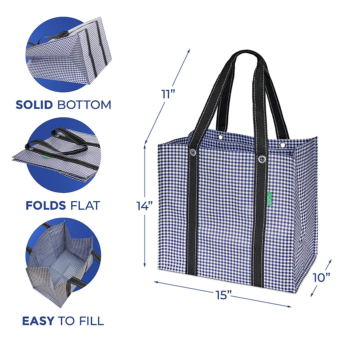 Heavy Duty Reusable Grocery Bags, Foldable Grocery Reusable Bags, 3-Pack Multipurpose Grocery Tote Bags, X-Large Reusable Grocery Bags with Handles & Hard Bottom (10 Gallons, Blue)