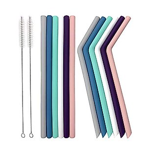 Senneny Set of 12 Silicone Drinking Straws for 30oz and 20oz - Reusable Silicone Straws BPA Free Extra Long with Cleaning Brushes- 6 Straight + 6 Bent- 8mm diameter