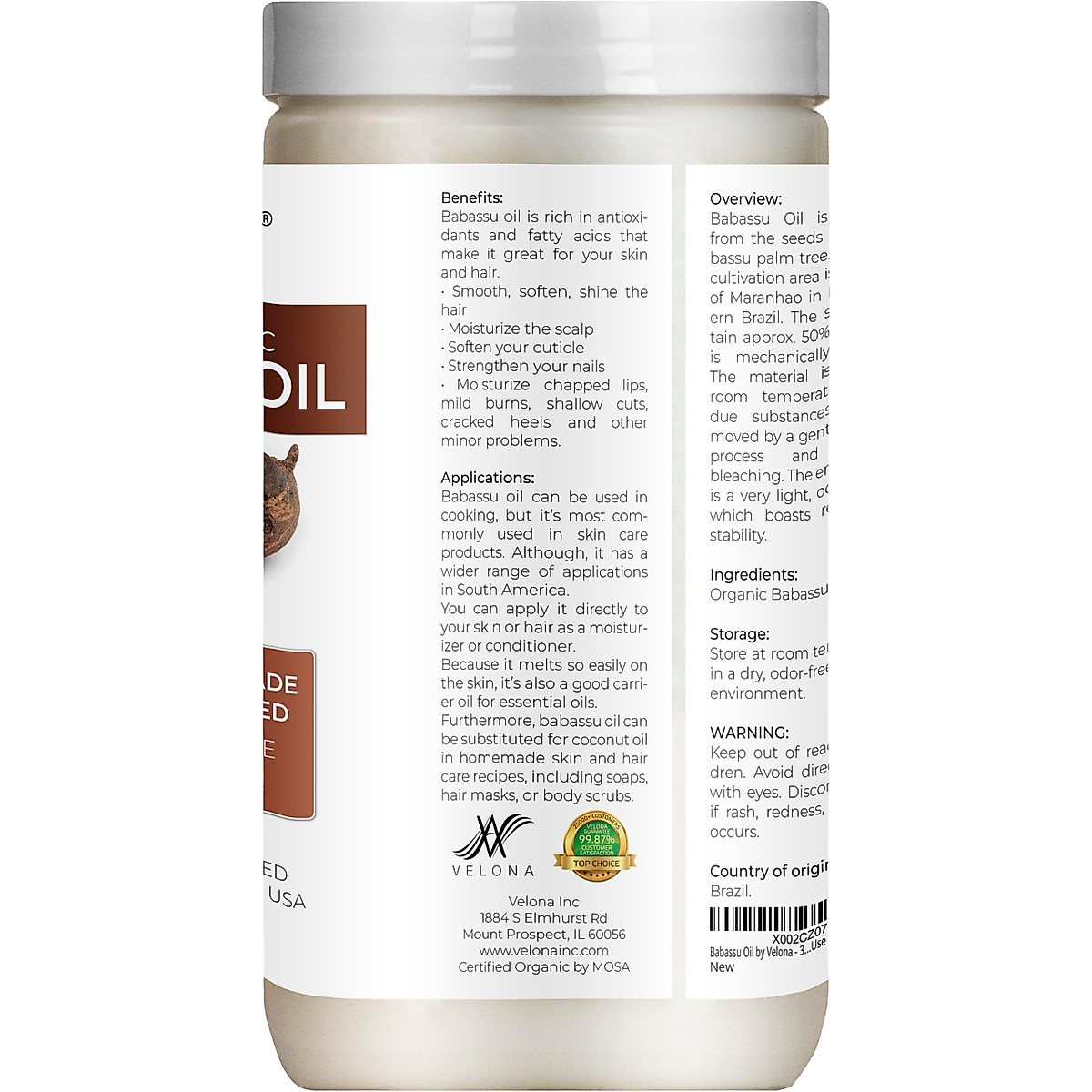 velona Babassu Oil USDA Certified Organic - 32 Fl Oz | 100% Pure and Natural Carrier Oil | Refined, Cold Pressed | Face, Hair, Body & Skin Care and Cooking | Use Today - Enjoy Results