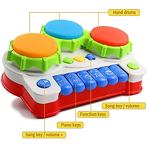 Baby Musical Keyboard Toy Piano for Toddlers 1-3, Drum Toy Set with Songs, Animal Sounds and Lights, Piano Xylophone for Kids Drums Montessori Learning Electronic Baby Instruments 12-18 Months
