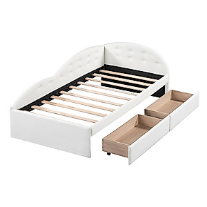 Hlcodca Twin Size Upholstered Daybed with Two Drawers and Cloud Shaped Guardrail, Pu Upholstered Tufted Platform Bed Frame with Wooden Slat Support for Bedroom Living Room (White-007)
