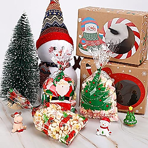 SUPERLELE Christmas Cellophane Bags 168 PCS with 180 PCS Twist Ties 8 Assorted Styles as Gift Box Santa Snowman Pattern Snack Bags for Treat Candy Goodie Christmas Party Supplies
