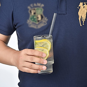 ALINK Ribbed Drinking Glasses with Glass Straws 6pcs Set, Vintage Iced Coffee Cups Glassware, Origami Style Ridged Glass Tumbler for Coocktail, Whiskey, Beer, Water - 2 Cleaning Brush