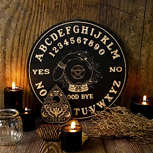 Keithwood 11.5’’ Black Spirit Board with Planchette Handmade Black Talking Board Game Spirit Board for Spirit Hunt, Witch Craft, Occult Practice - Magic Crystal Ball Pentagram Star in Hands