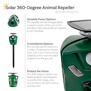 Sunnydaze 360° Solar-Powered Ultrasonic Animal Repeller with Mounting Pole - Solar Power or USB - 3 PIR Motion Sensors
