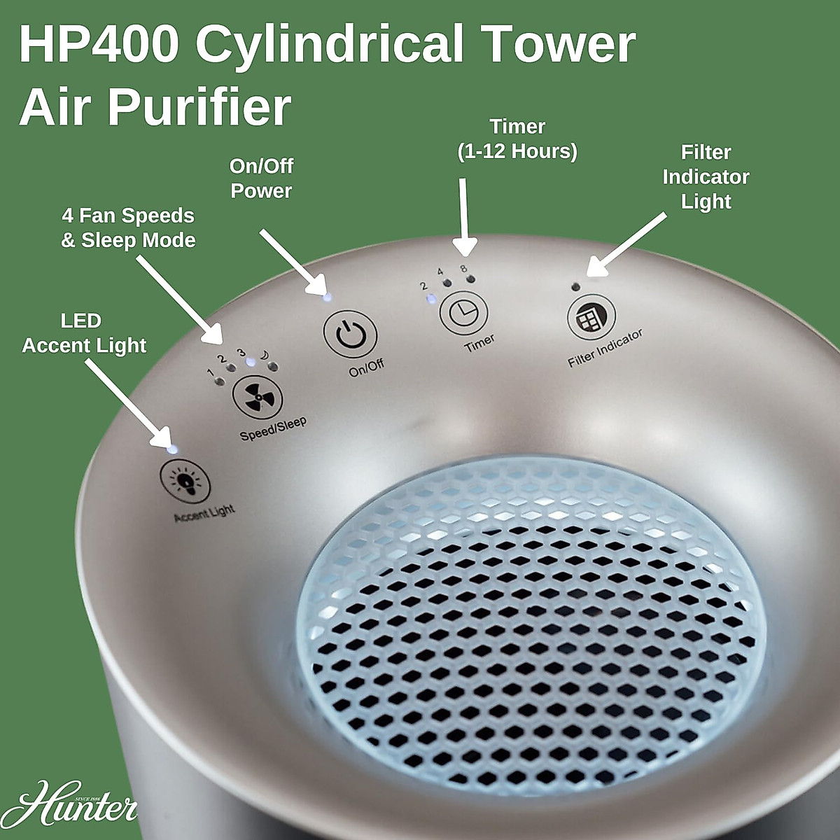 Hunter Fan Company HP400 Round Tower Air Purifier for Small Rooms, Featuring True HEPA Filtration and EcoSilver® Pre-Filter for Allergy and Asthma Relief, White and Silver
