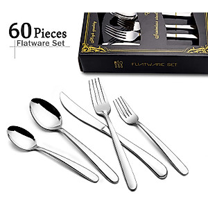 60-Piece Heavy Duty Silverware Set, HaWare Stainless Steel Solid Flatware Cutlery for 12, Modern & Elegant Design for Home/Hotel/Wedding, Mirror Polished and Dishwasher Safe